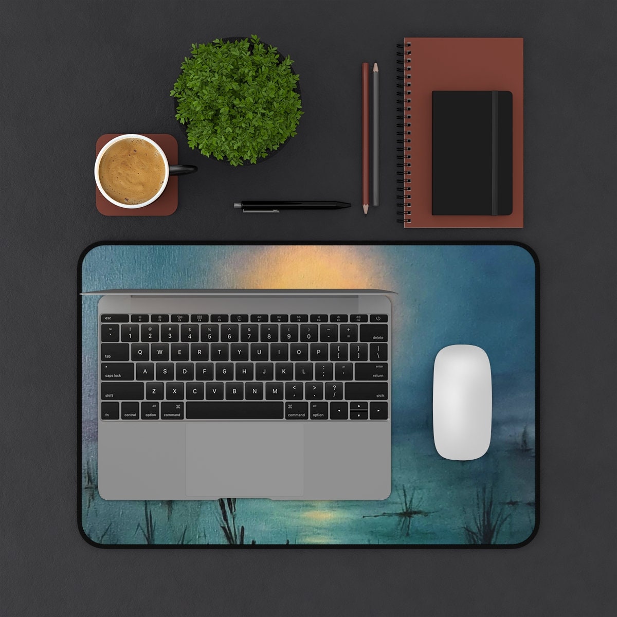 Grim Lake Sunset Custom Desk Pad Misty Pond Painting Computer Pad Foggy ...