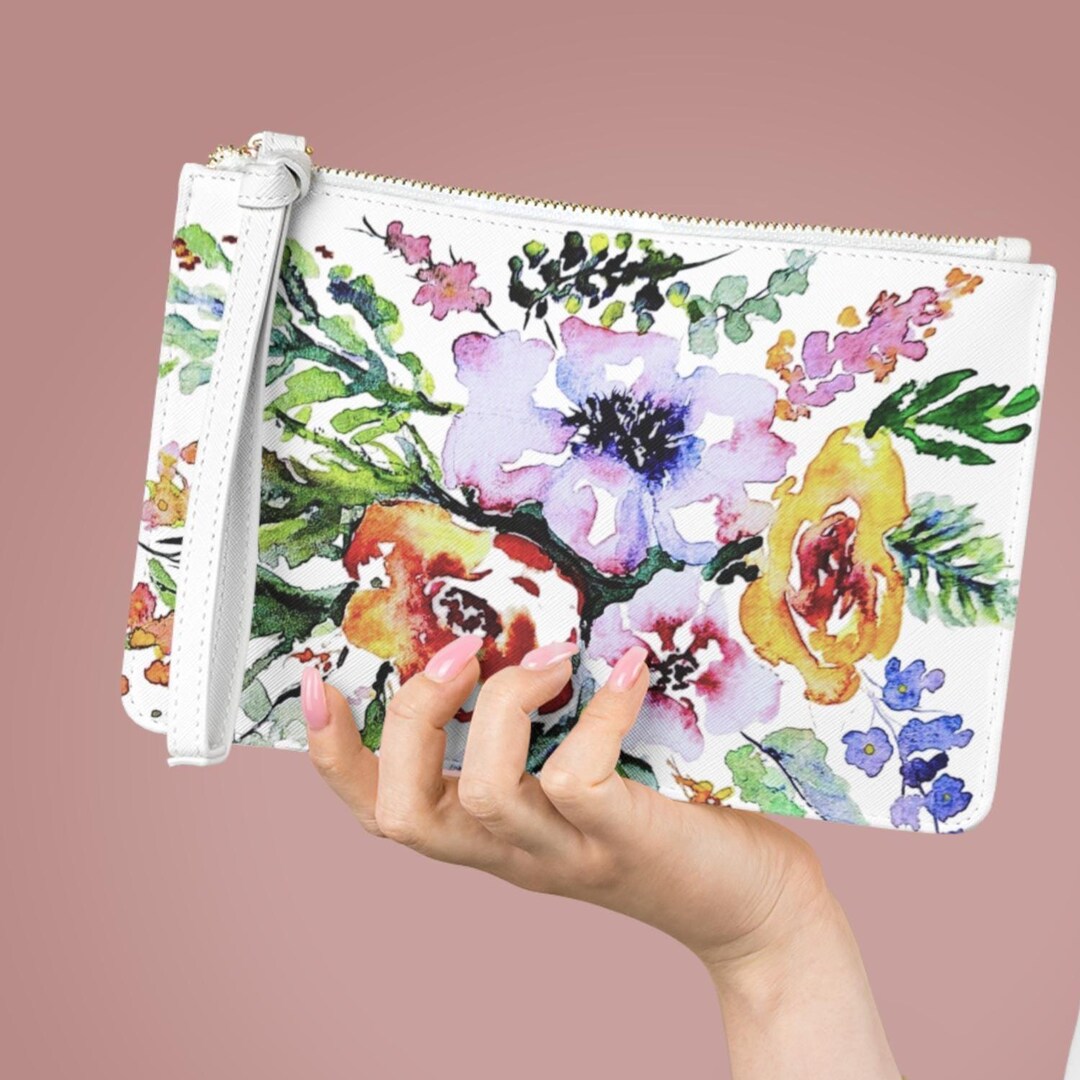 Watercolor Bloom Clutch Bag |colorful Wristlet Purse With Floral Print ...