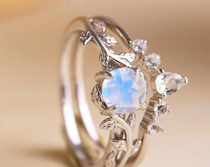 2 Pcs Engagement Ring Set for Woman, White Gold Wedding Ring Set, Round ...