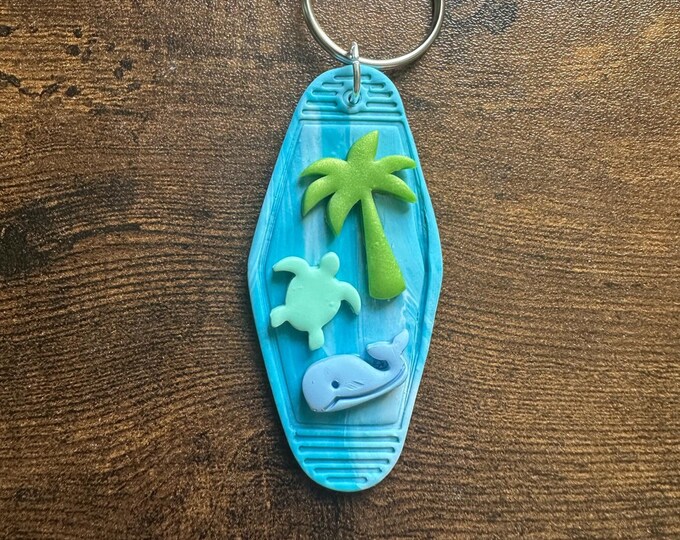 Ocean Themed Key Ring - Old School Motel Style Key Chain With Palm Tree ...