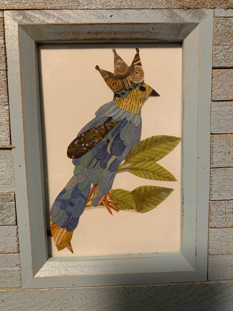 Blue Bird With Crown Original Paper Collage in Blue Vintage-style Frame ...