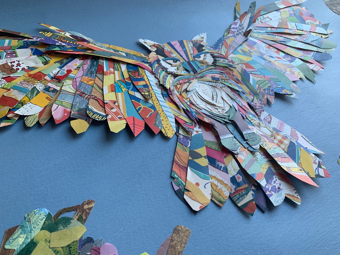 The Blooming Owl, Owl Paper Collage, Vintage Ephemera, Mixed Media ...