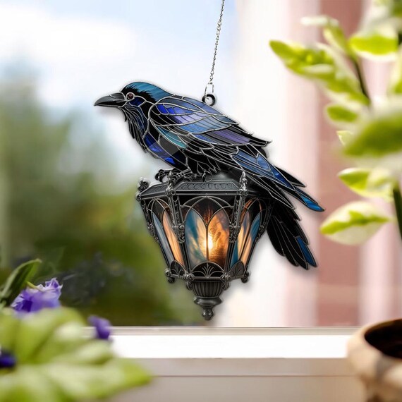 Faux Stained Glass Gothic Crow Suncatcher Black Raven Window Hanging ...
