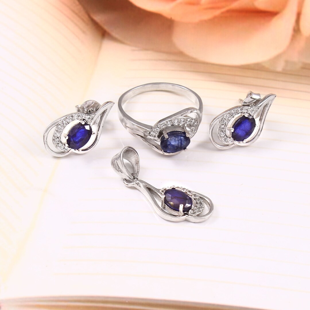Set for Jewelry Blue Glass Filling Ring Earing Pendant Gemstone Blue ...