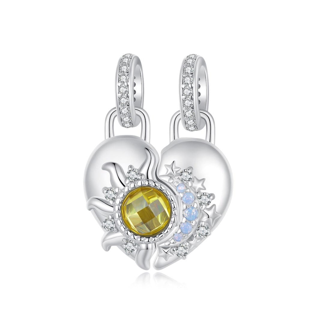 Sun and Moon Heart Pendant Charm, Charm for Bracelet, 925 Sterling ...