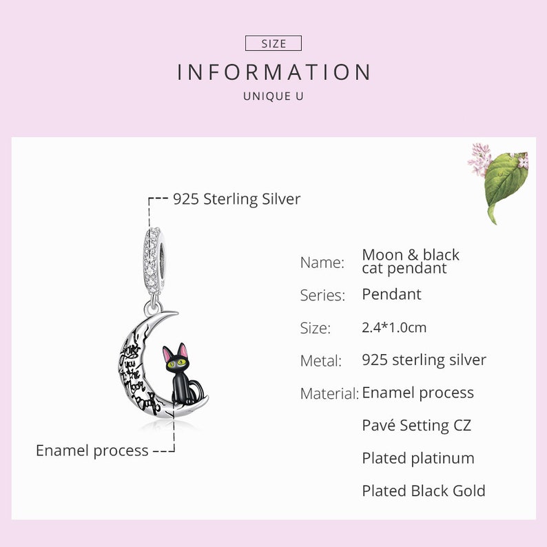 Moon & Black Cat Pendant Charm, 100% Genuine 925 Sterling Silver Charm ...