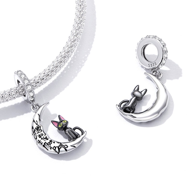 Moon & Black Cat Pendant Charm, 100% Genuine 925 Sterling Silver Charm ...