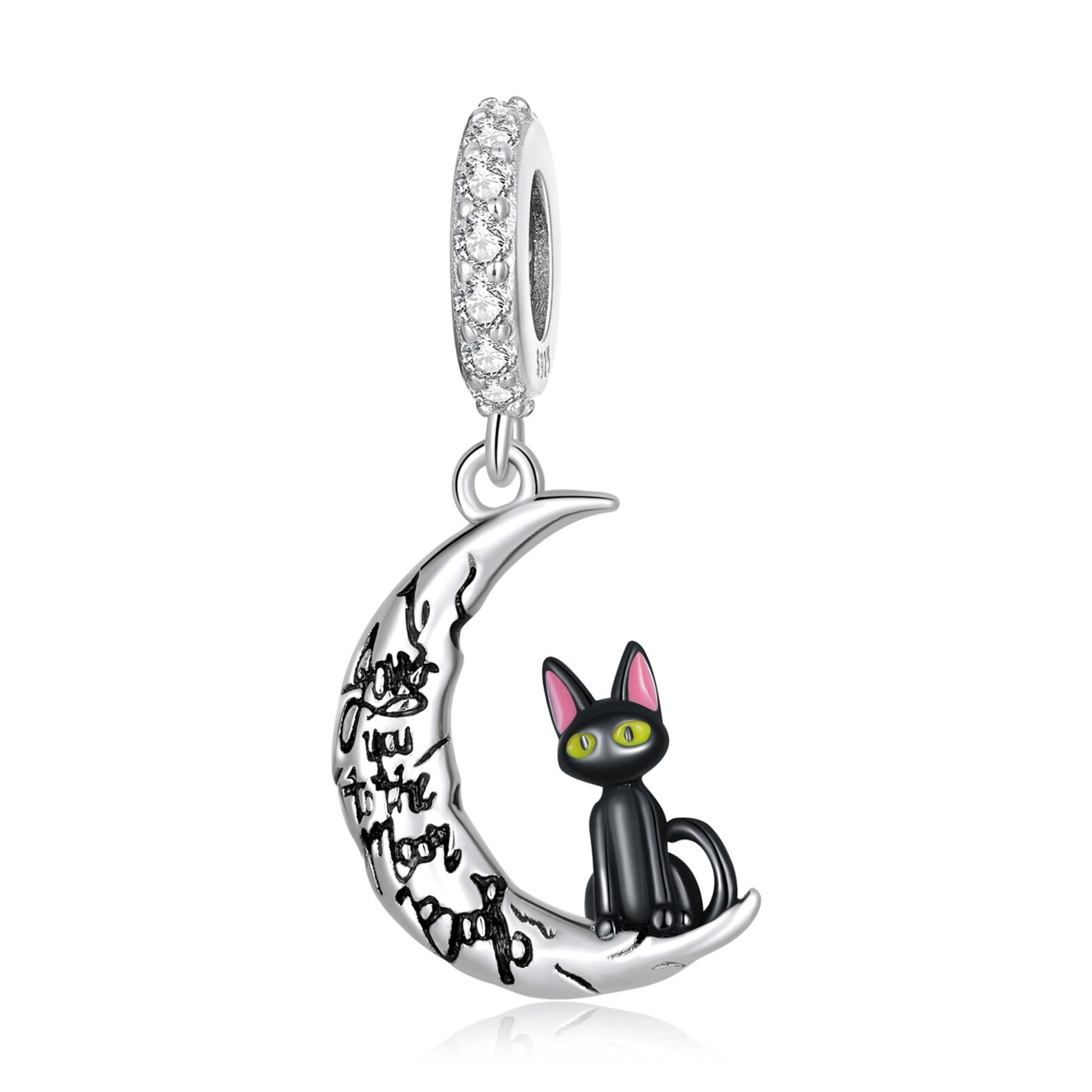 Moon & Black Cat Pendant Charm, 100% Genuine 925 Sterling Silver Charm ...