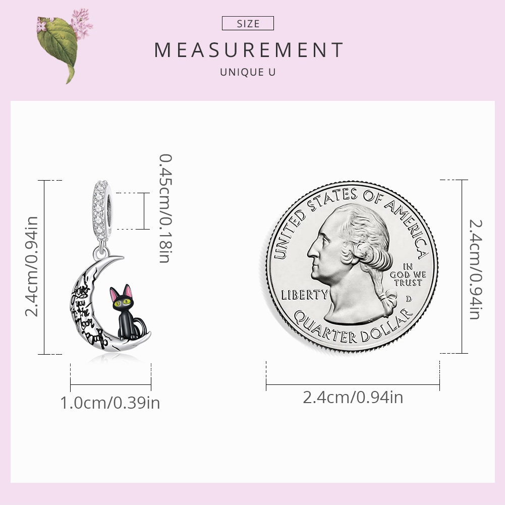 Moon & Black Cat Pendant Charm, 100% Genuine 925 Sterling Silver Charm ...