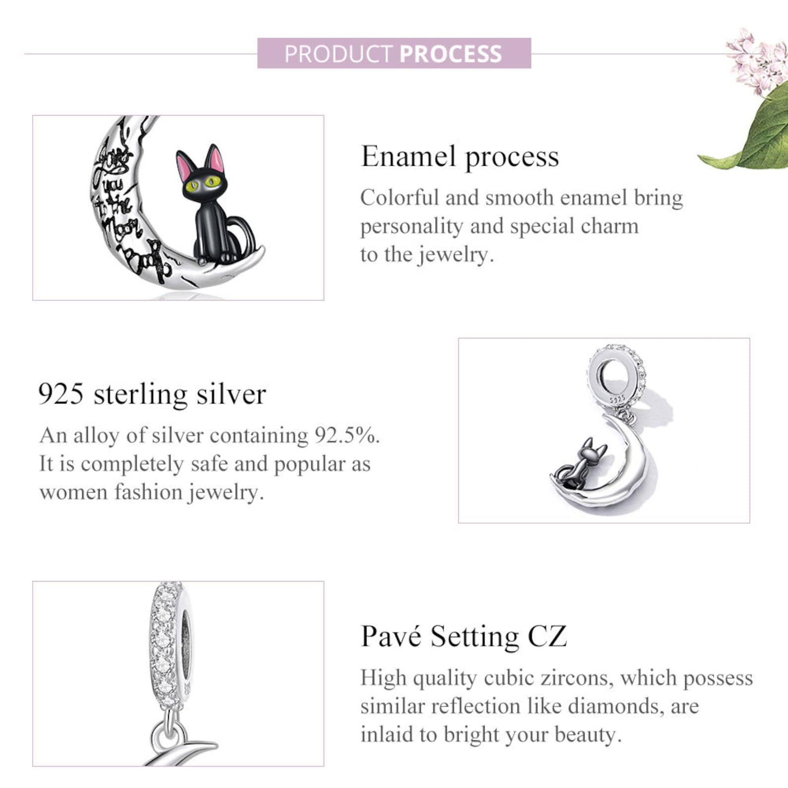 Moon & Black Cat Pendant Charm, 100% Genuine 925 Sterling Silver Charm ...