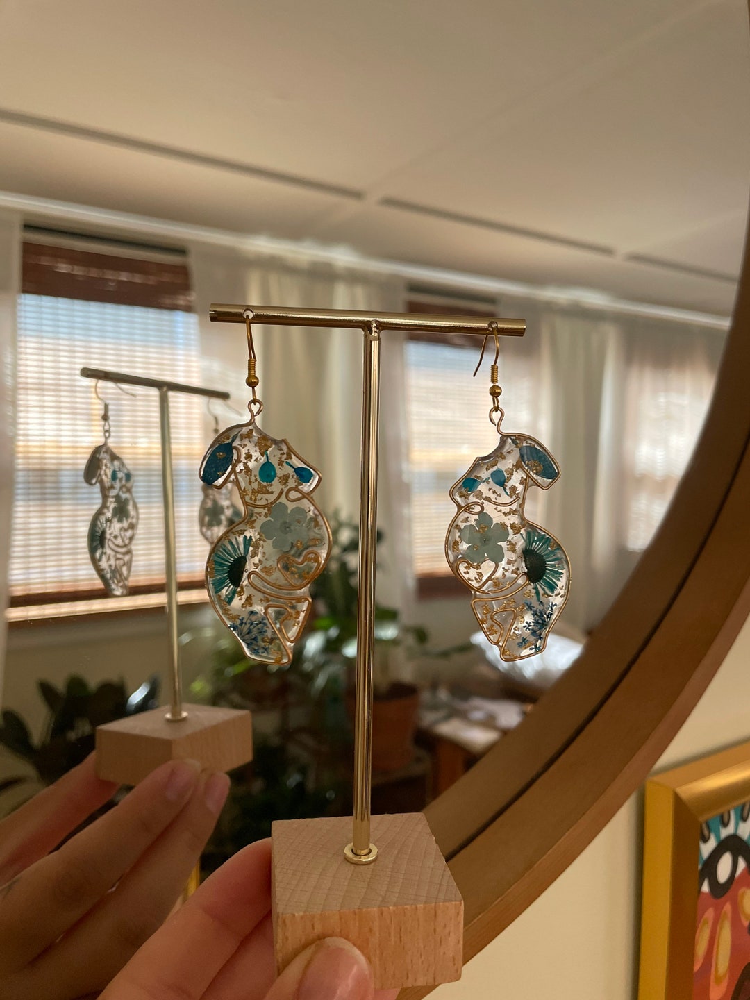 Real Flower Pregnant Figure Earrings • Handmade • Wire Earrings • Minimalist Earrings • Female ...