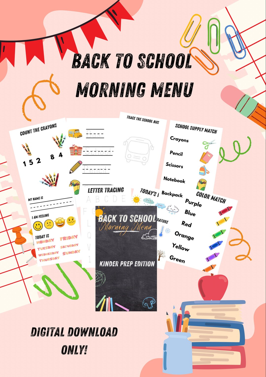 Back to School Kinder Prep Morning Menu Workbook - Etsy