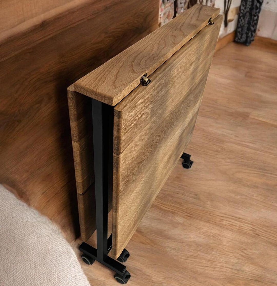 Handmade Solid Oak Folding Table on Wheels: Space-saving Dining Table ...