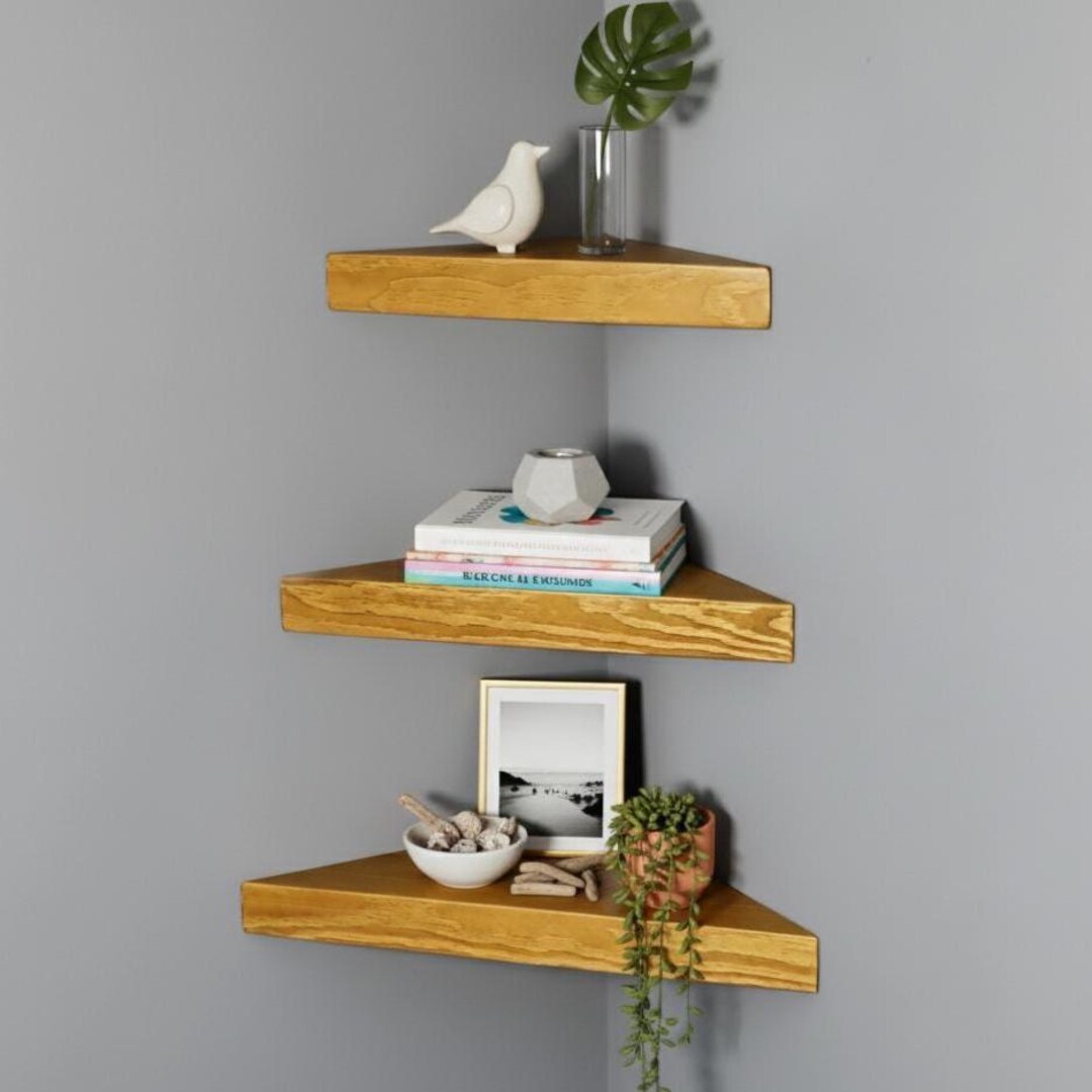Corner Shelf: Floating Oak Wall Shelves Space Saver Small Wooden Shelf ...