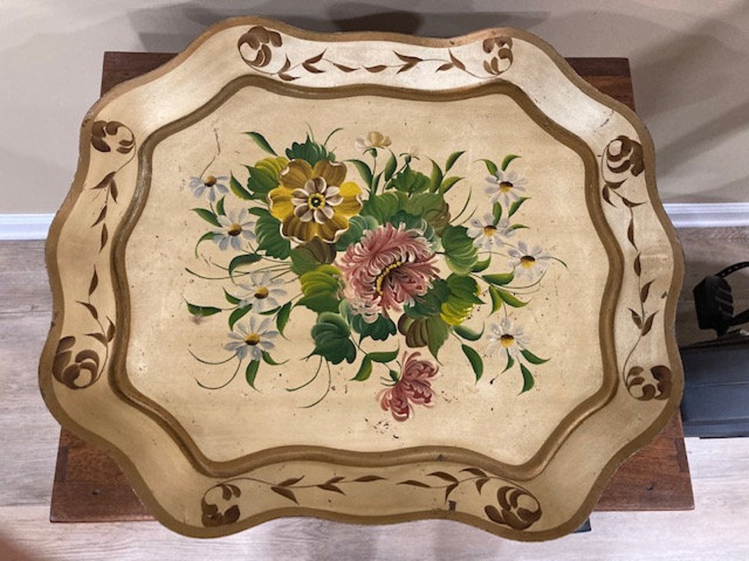 Vintage Toleware Tole Tray Fancy Design, Creamy Yellow Background With ...