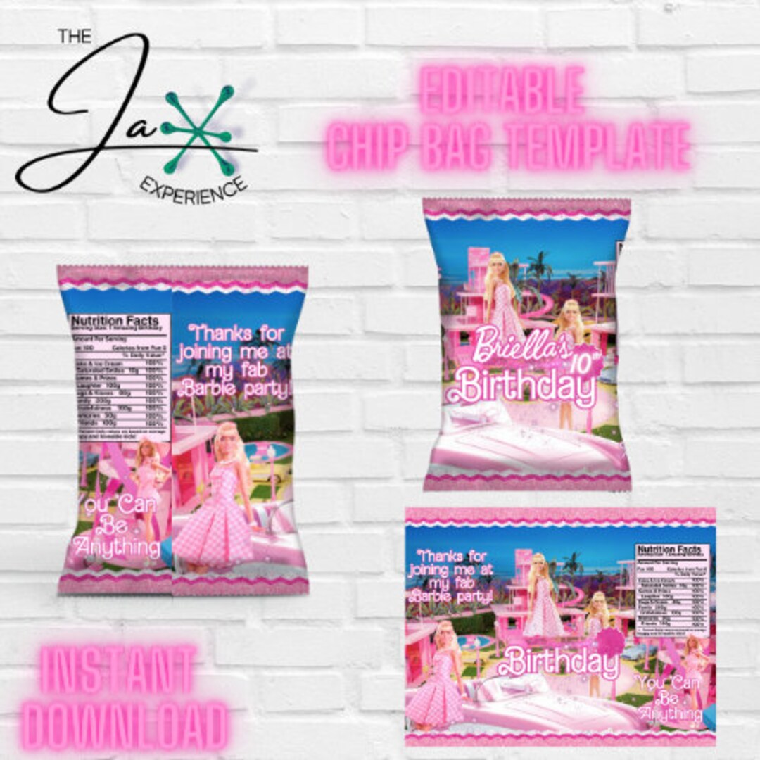 Barbie Editable Chip Bag Canva Template - Etsy Israel