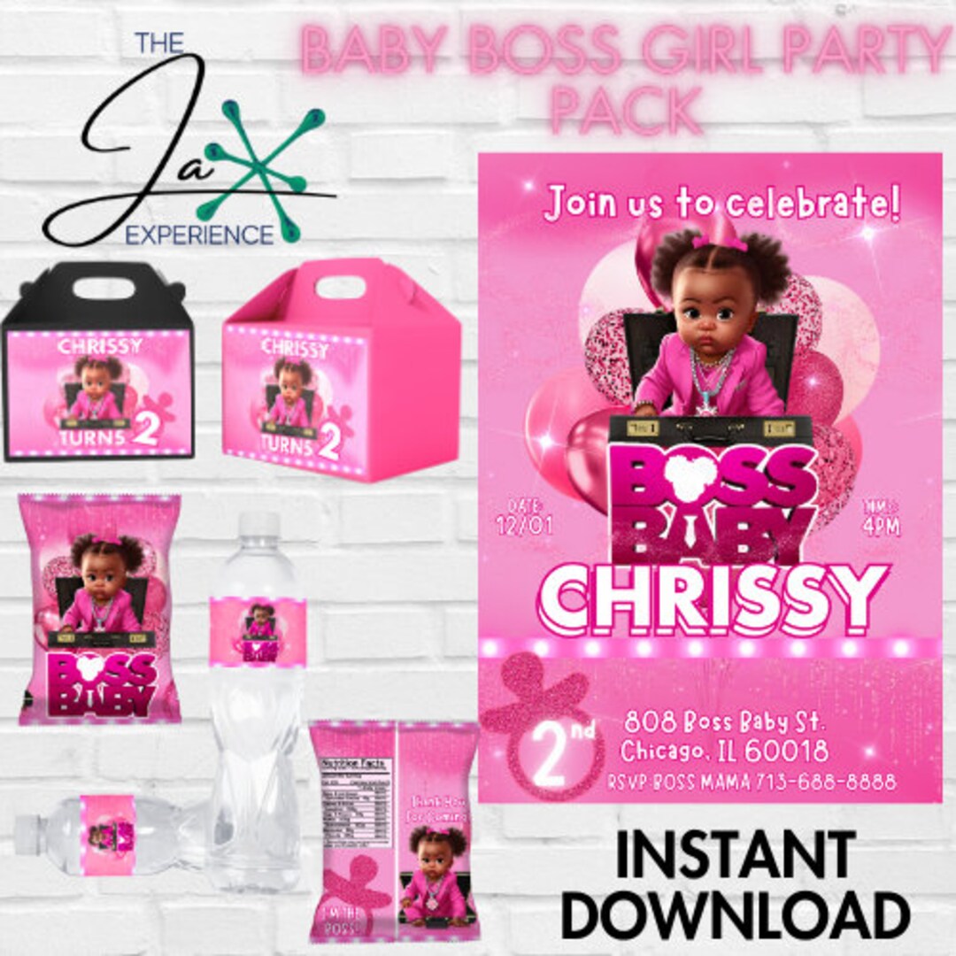 Boss Baby Girl PARTY PACK Invite Gable Box Chip Water - Etsy