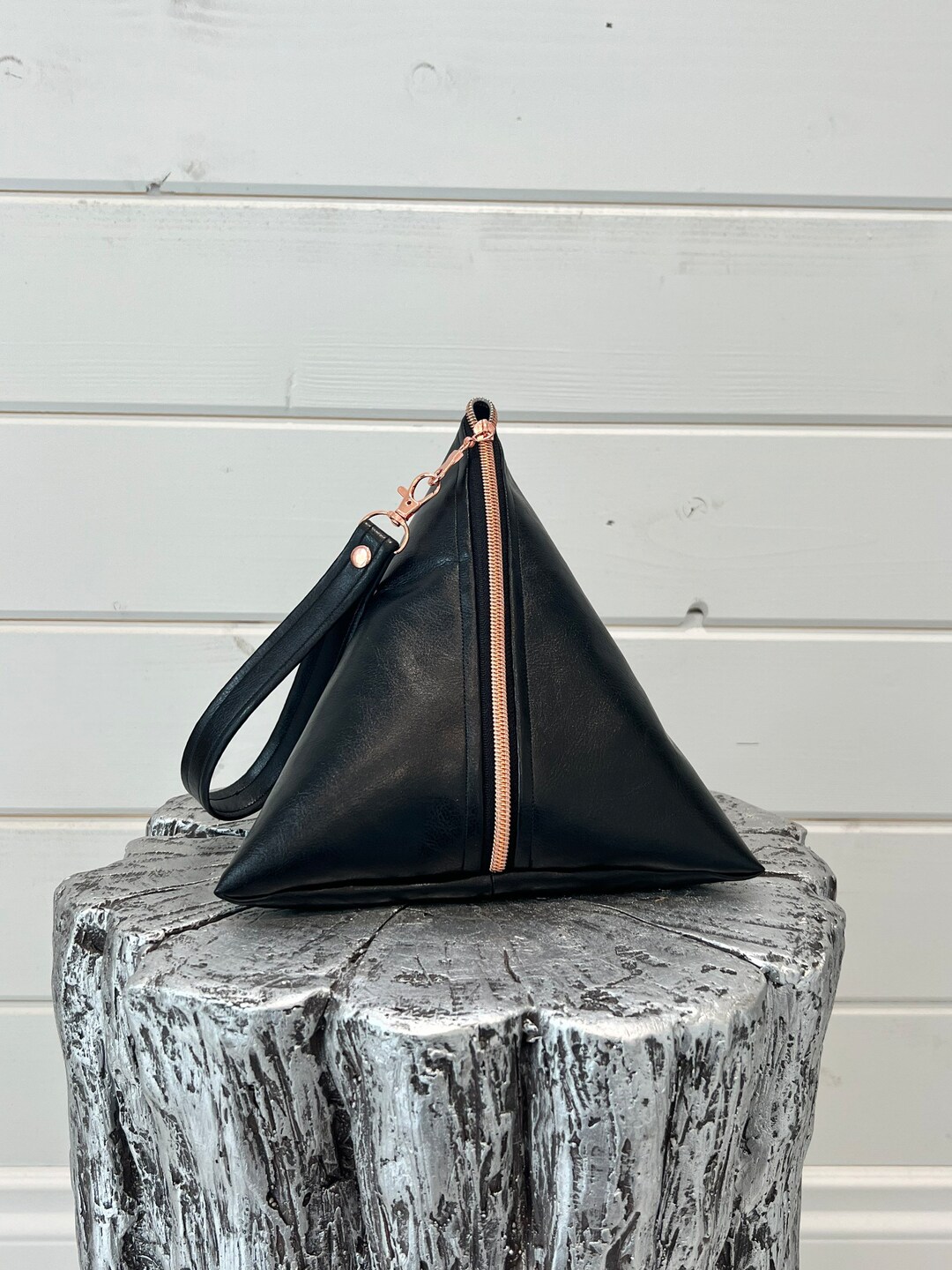 Black Pyramid Wristlet With Rose Gold Zipper and Detachable Strap ...