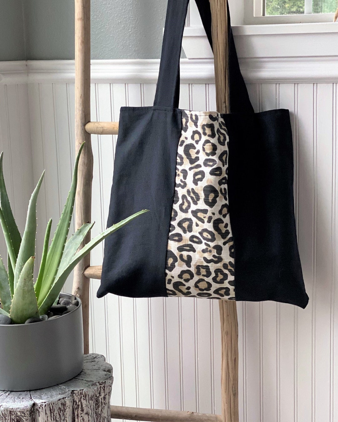 Large Tote Bag / Black and Cheetah Print Tote / Animal Print Handbag ...