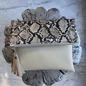 Snakeskin Print Fold Over Clutch / Faux Leather Handbag / Women's ...