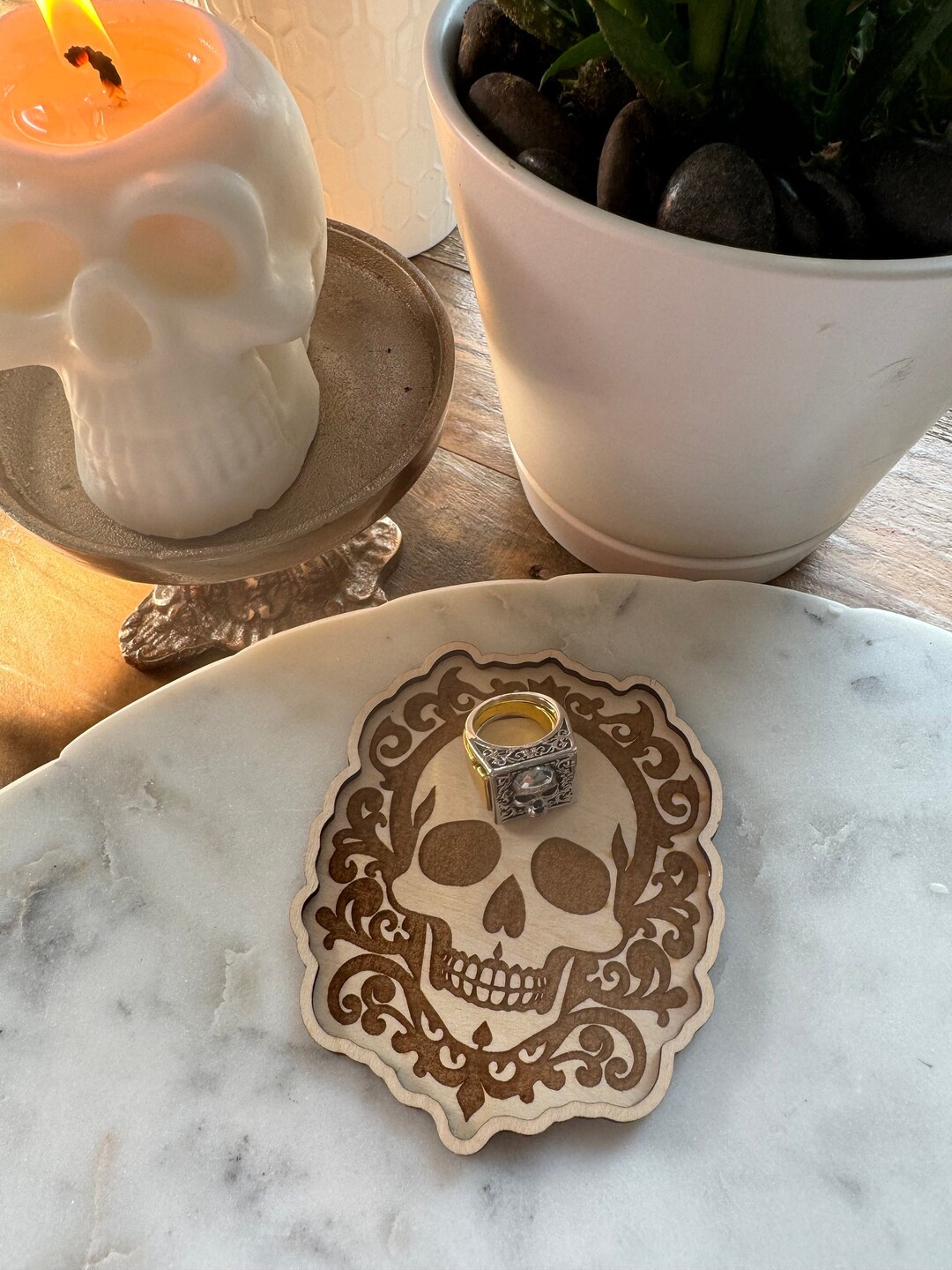 Skull Ring Dish / Wood Skull Trinket Tray / Skull Jewelry Tray / Gothic ...