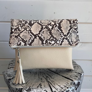 Snakeskin Print Fold Over Clutch / Faux Leather Handbag / Women's ...