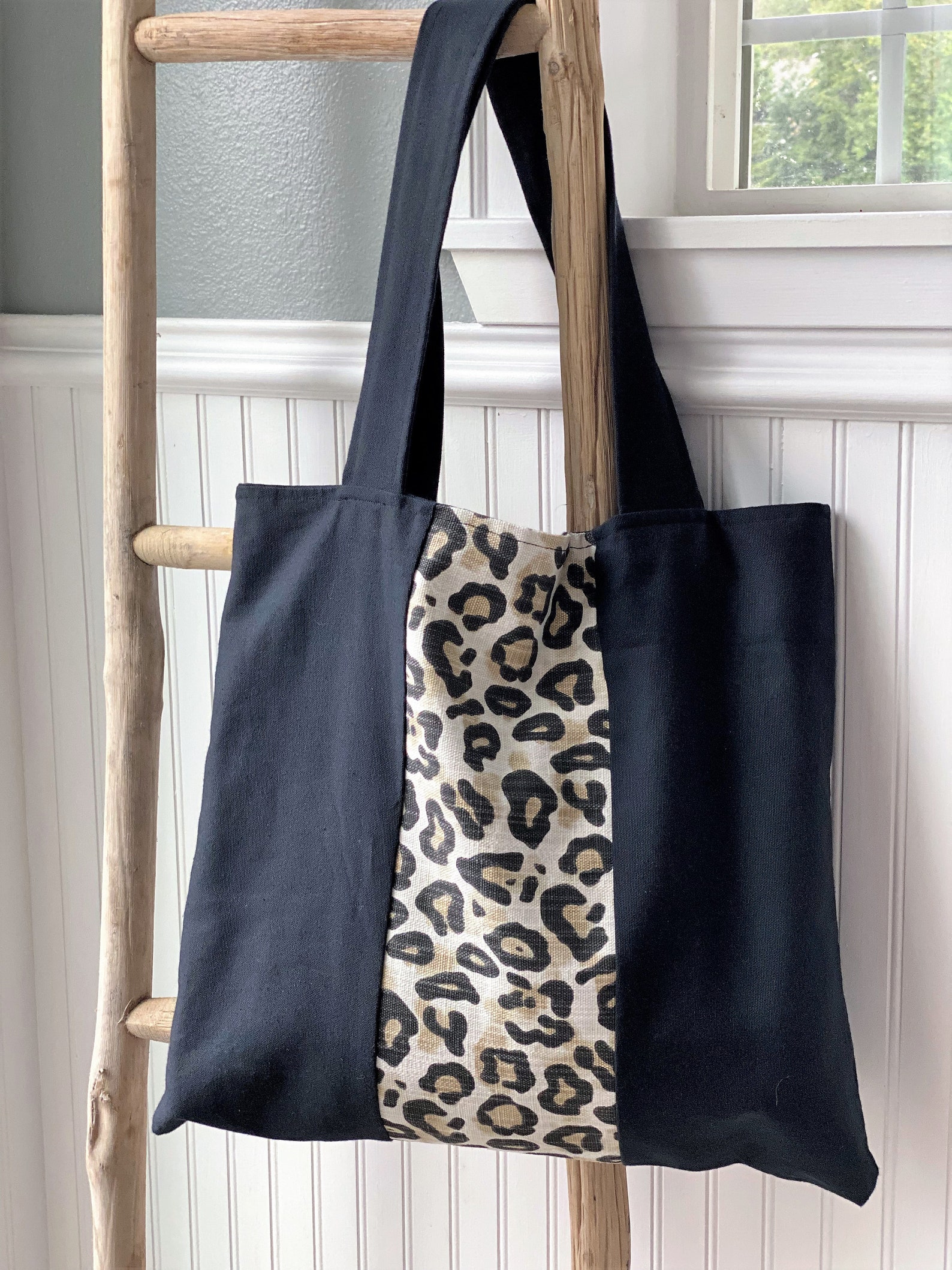 Large Tote Bag / Black and Cheetah Print Tote / Animal Print - Etsy