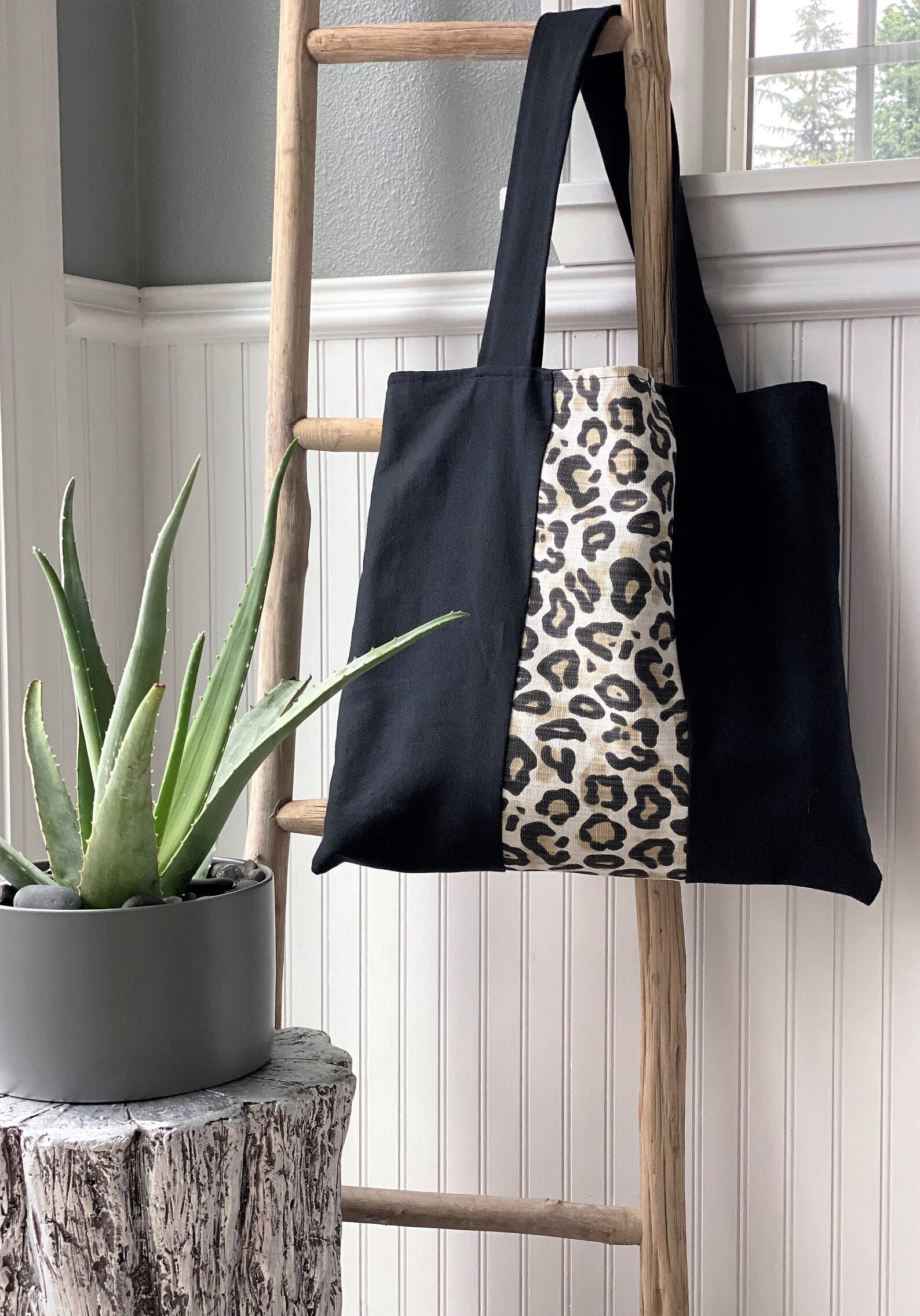 Large Tote Bag / Black and Cheetah Print Tote / Animal Print - Etsy