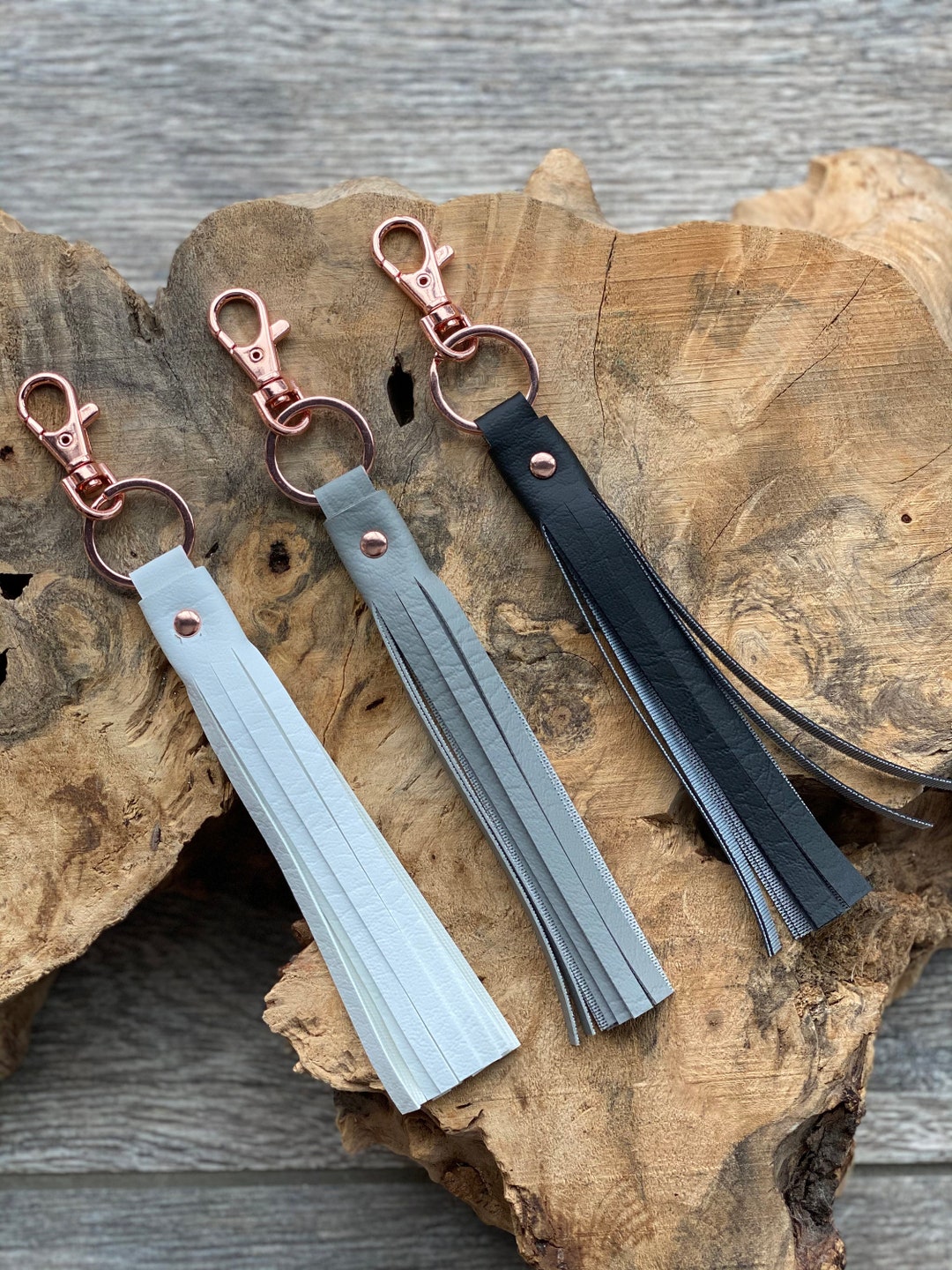 Rose Gold Key Chain / Black, Grey or White Tassel Key Chain With Rose ...