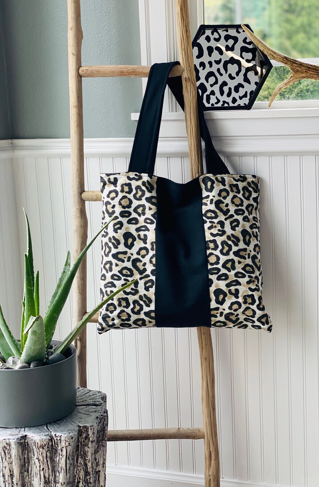 Large Tote Bag / Black and Cheetah Print Tote / Animal Print Handbag ...