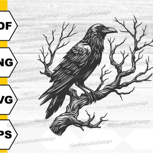 Raven Svg. Raven Silhouette Cut Files. Raven Clipart. Raven on Tree ...