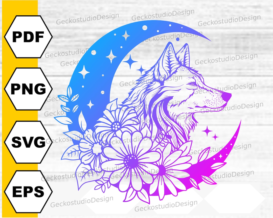 Wolf Moon Svg. Wolf With Flowers Svg. Wolf Moon Silhouette. Wolf Face ...