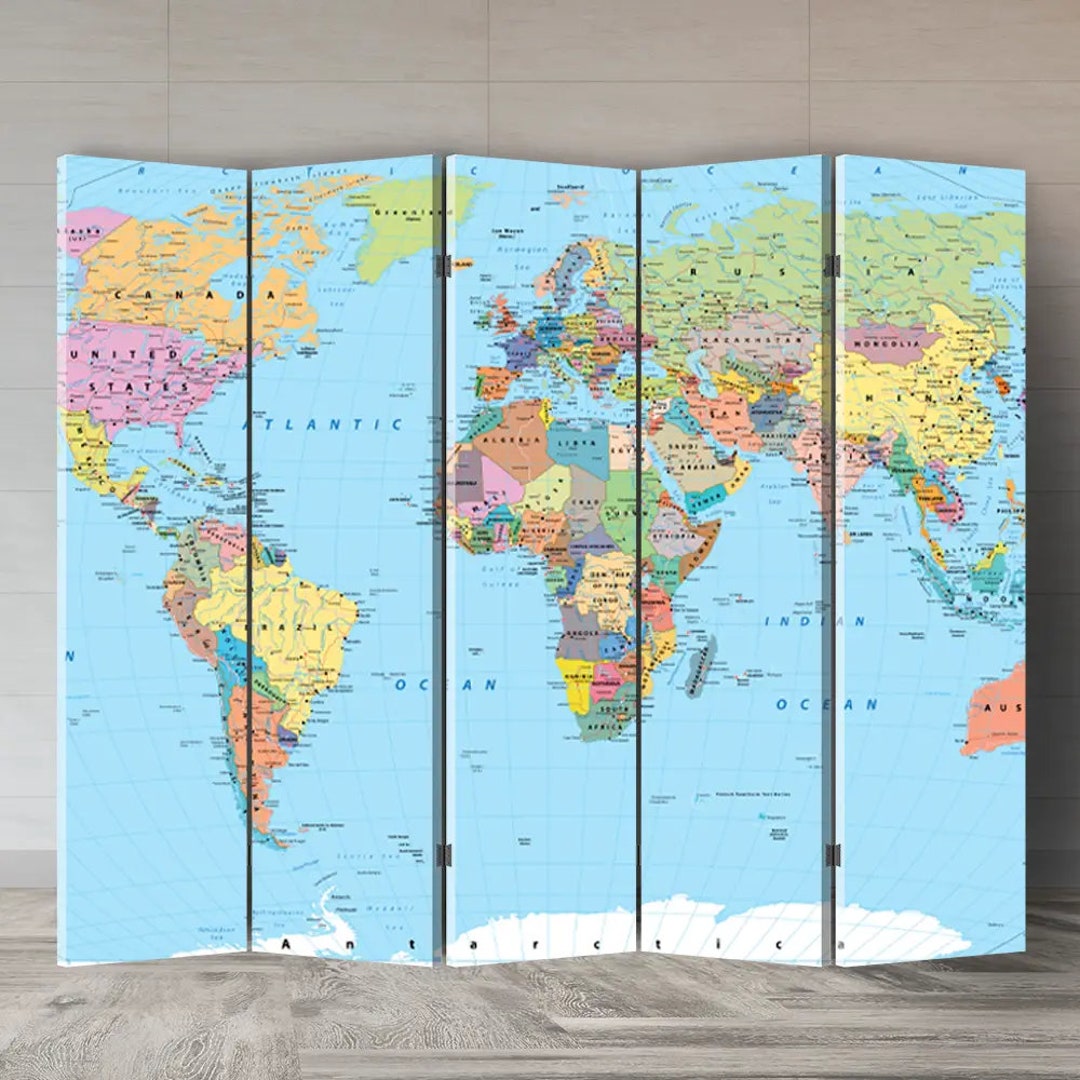 World Map Room Divider, Room Partition, World Map Wall Art Canvas ...
