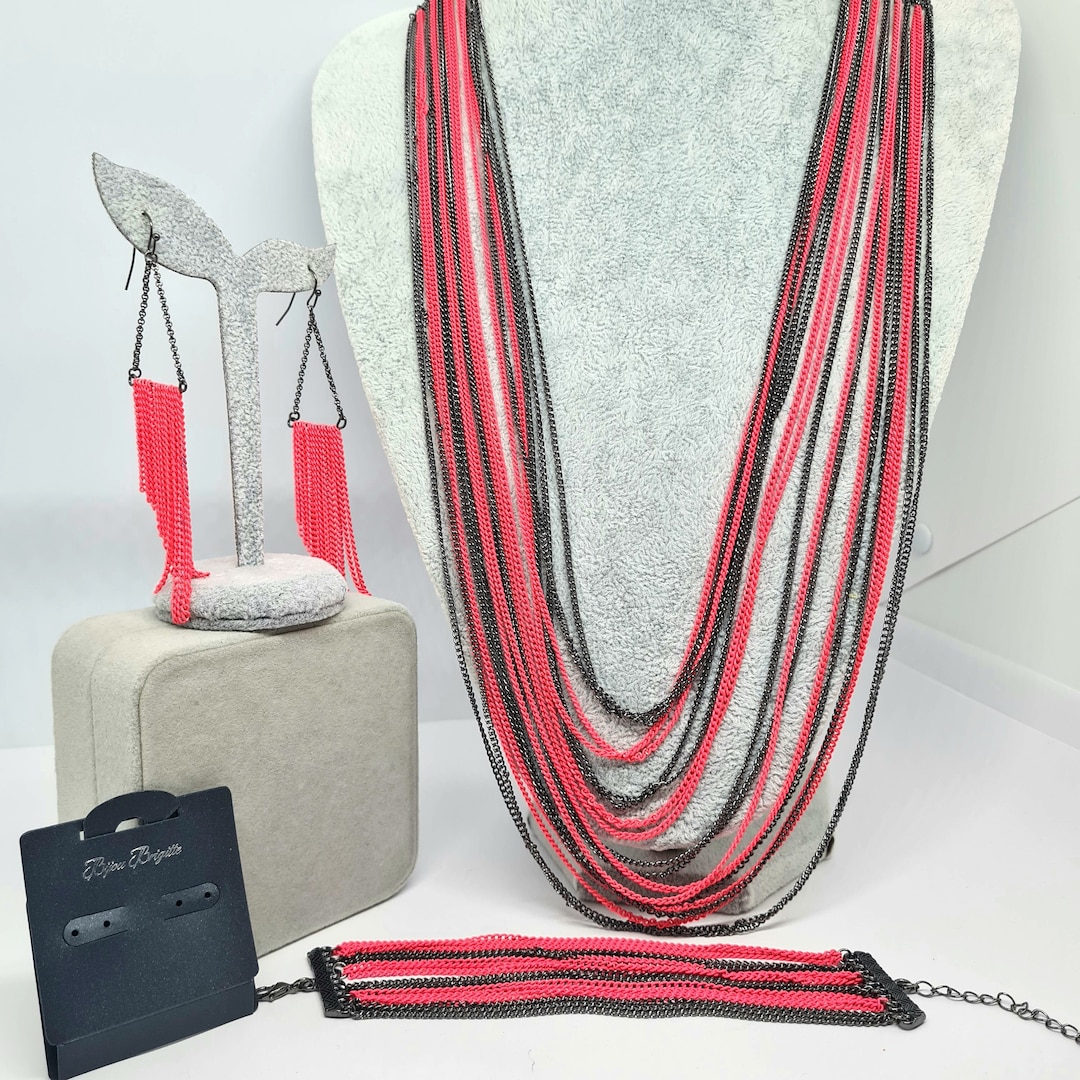 Vintage BIJOU BRIGITTE Jewelry Set Pink and Black Tone Chain Necklace ...