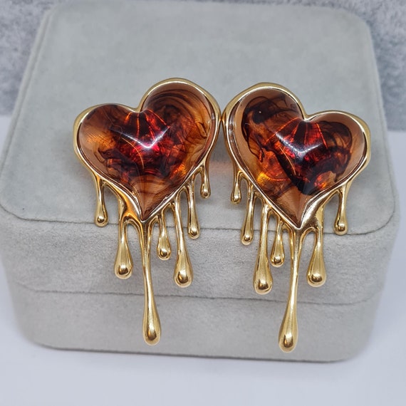 MARIA DOLORES Chunky Heart Earrings Gloss Gold tone Metal With Brown Plastic Cabochons Stud Earrings Awesome Designer Gift for Christmas Etsy