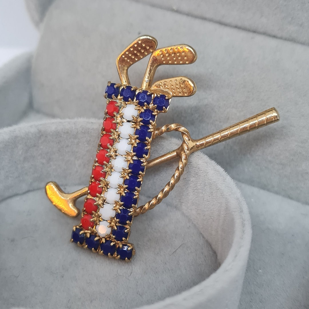 Vintage Golf Bag Brooch Gold Tone Metal With Red, White, and Blue Glass ...