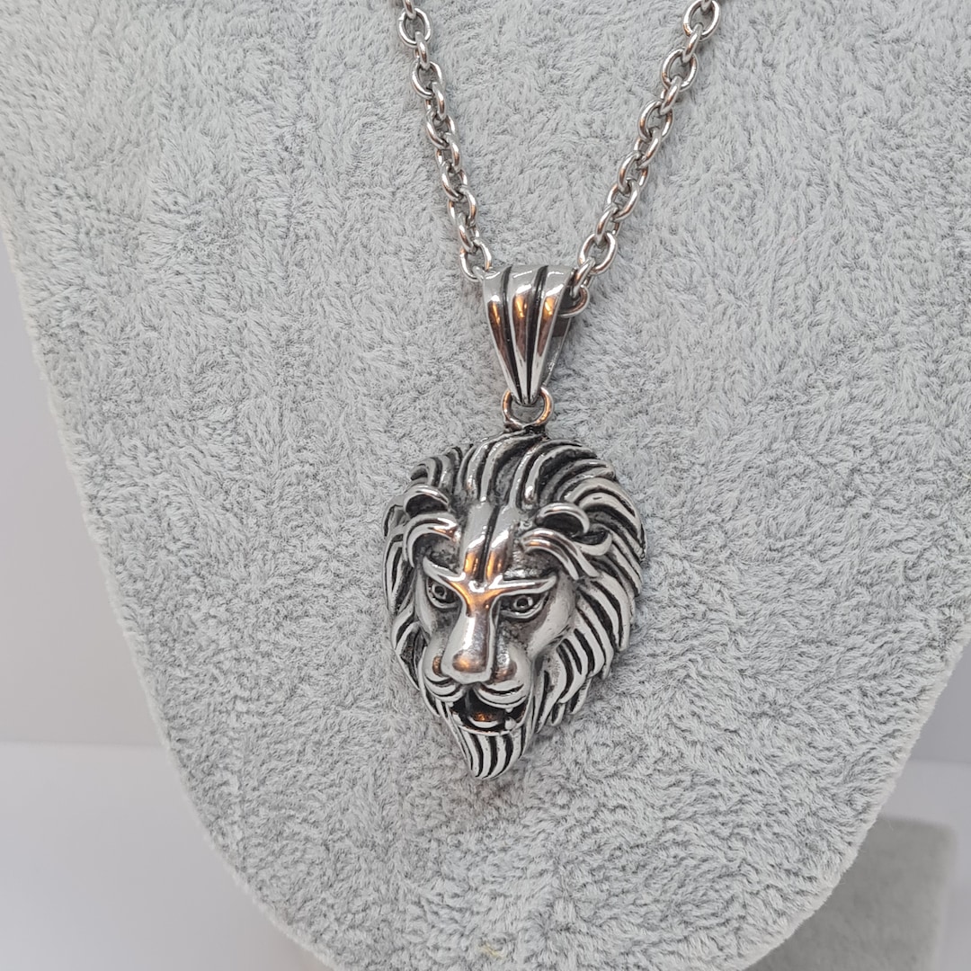 Vintage Heavy Lion Head Pendant Necklace Silver Tone Metal Chain With ...