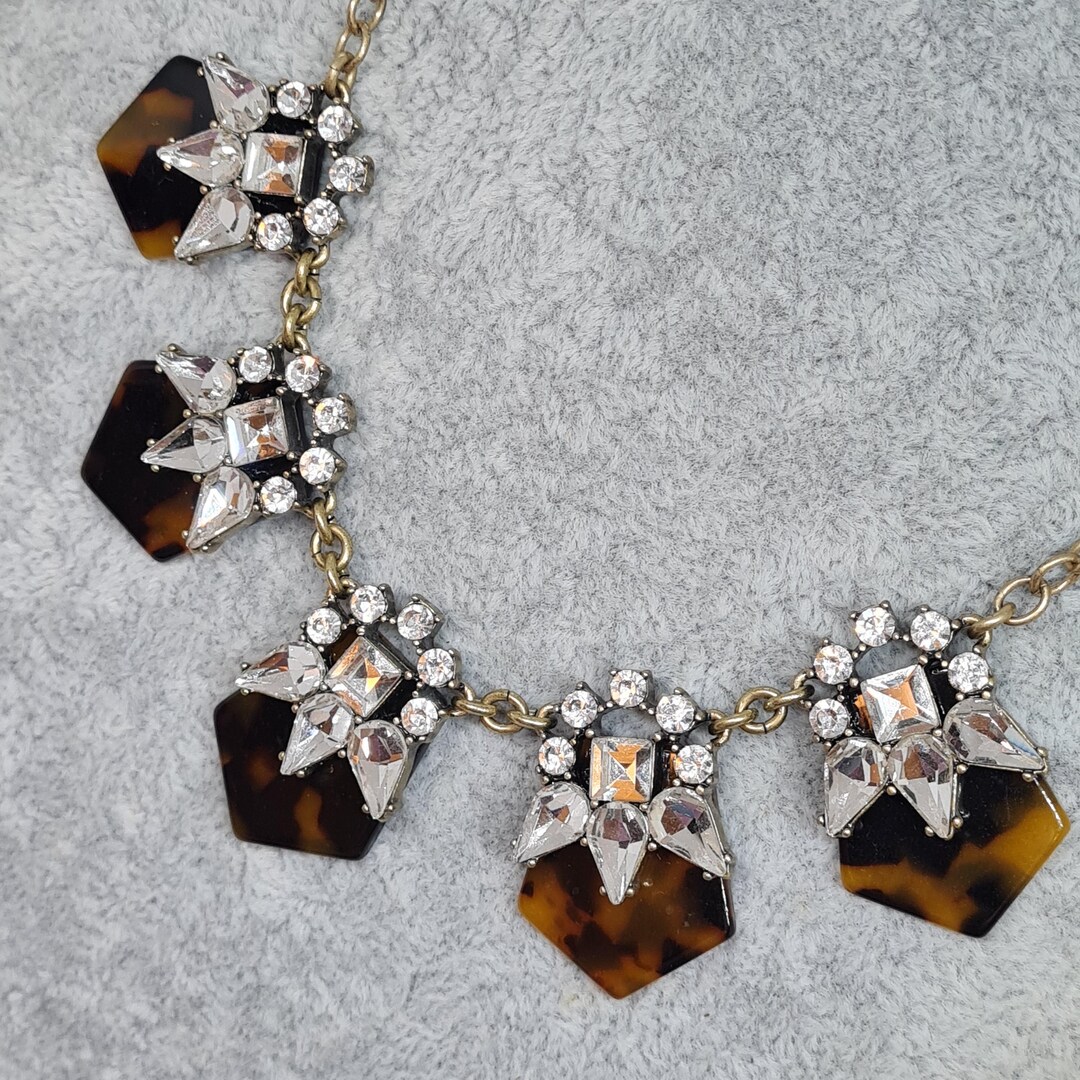 Vintage J.CREW Tortoise Shell Necklace Antic Gold-tone Metal With Clear ...