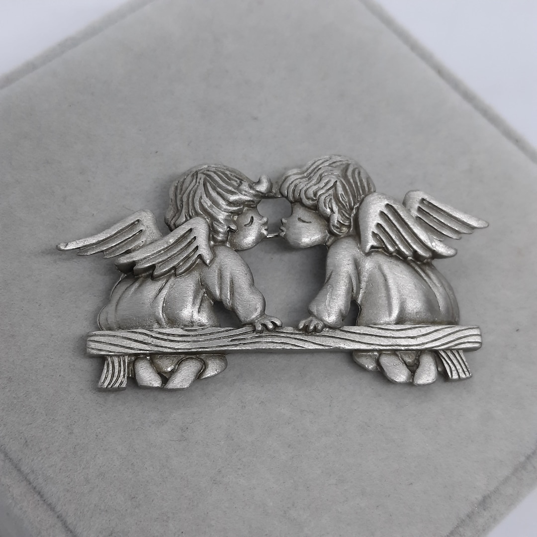 Vintage JJ Pewter Kissing Angels Brooch Silver Tone Couple Angles ...