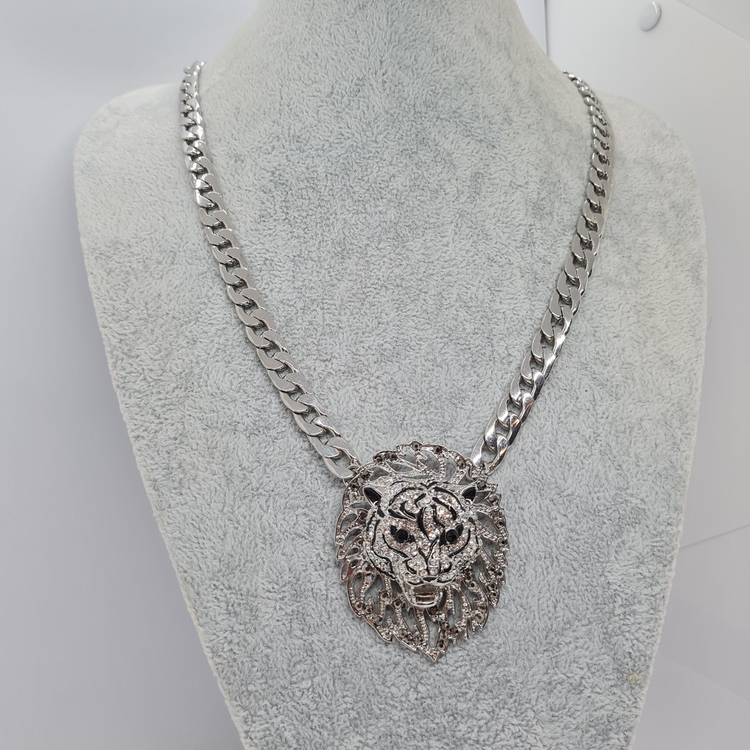 Vintage Chunky Lion Pendant Necklace Silver Tone Chunky Chain With ...
