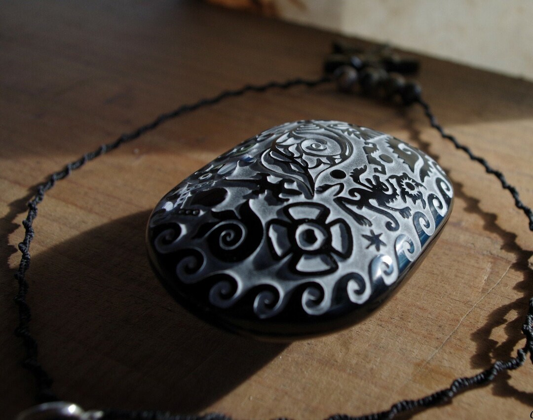 Obsidian Carved Pebble Engraved Aztec Mayan Symbols Fine Stone - Etsy