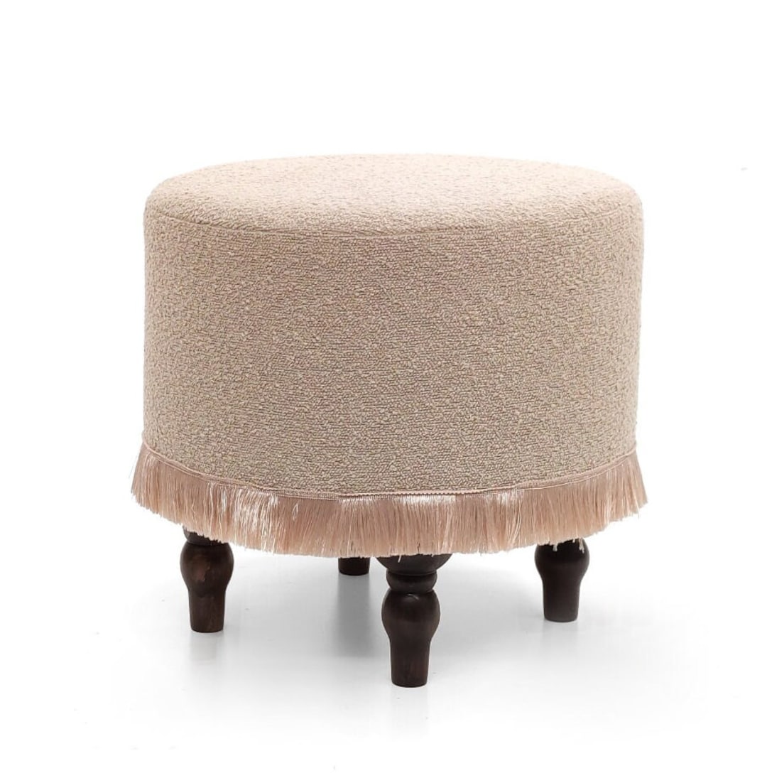 Round Footstool oval Pouffe Cream Ivory Stool Bouclé Seat Foot Rest ...