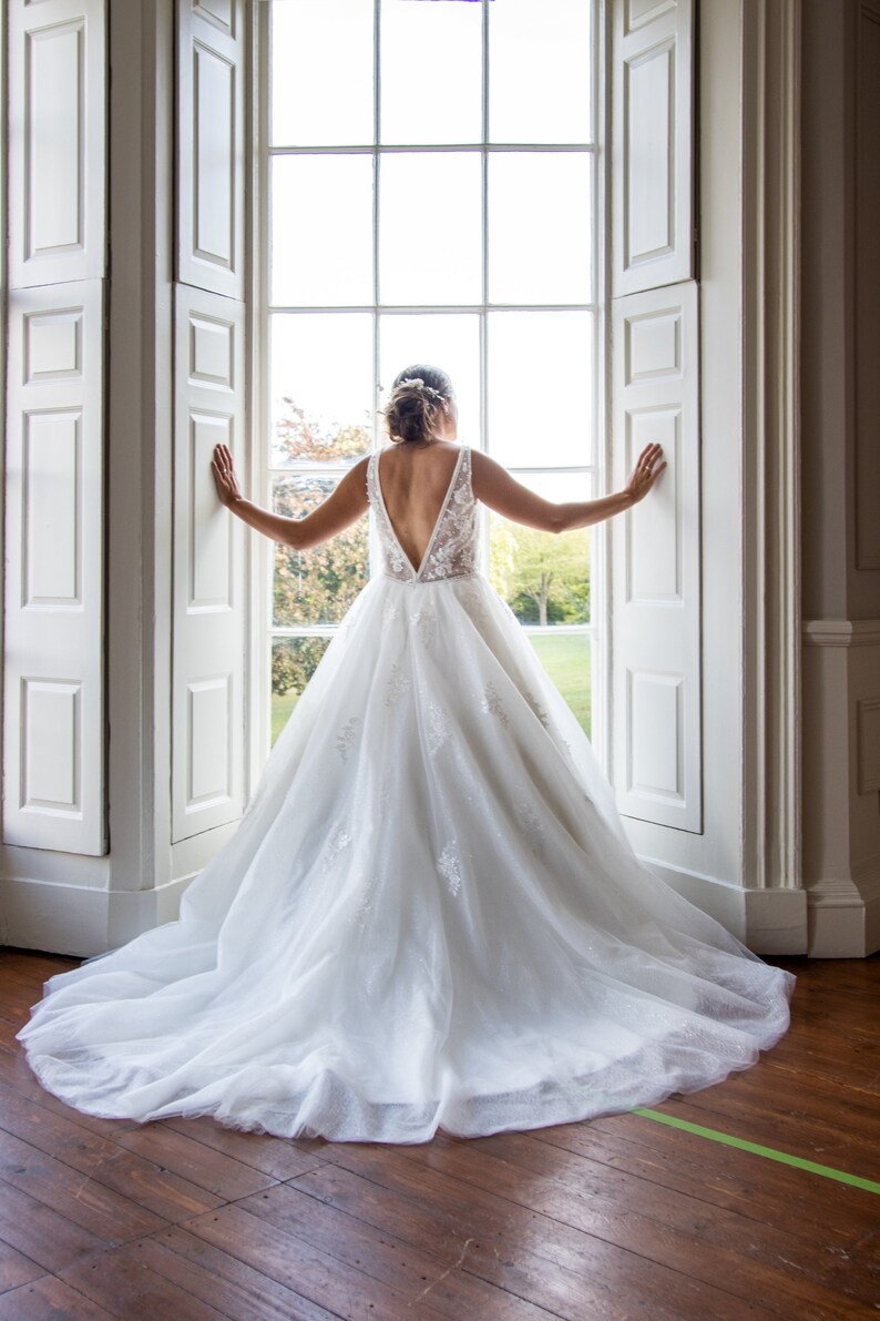 A-line Plunge Neck Lace Wedding Dress, Bridal Gown, Personalised Dress ...