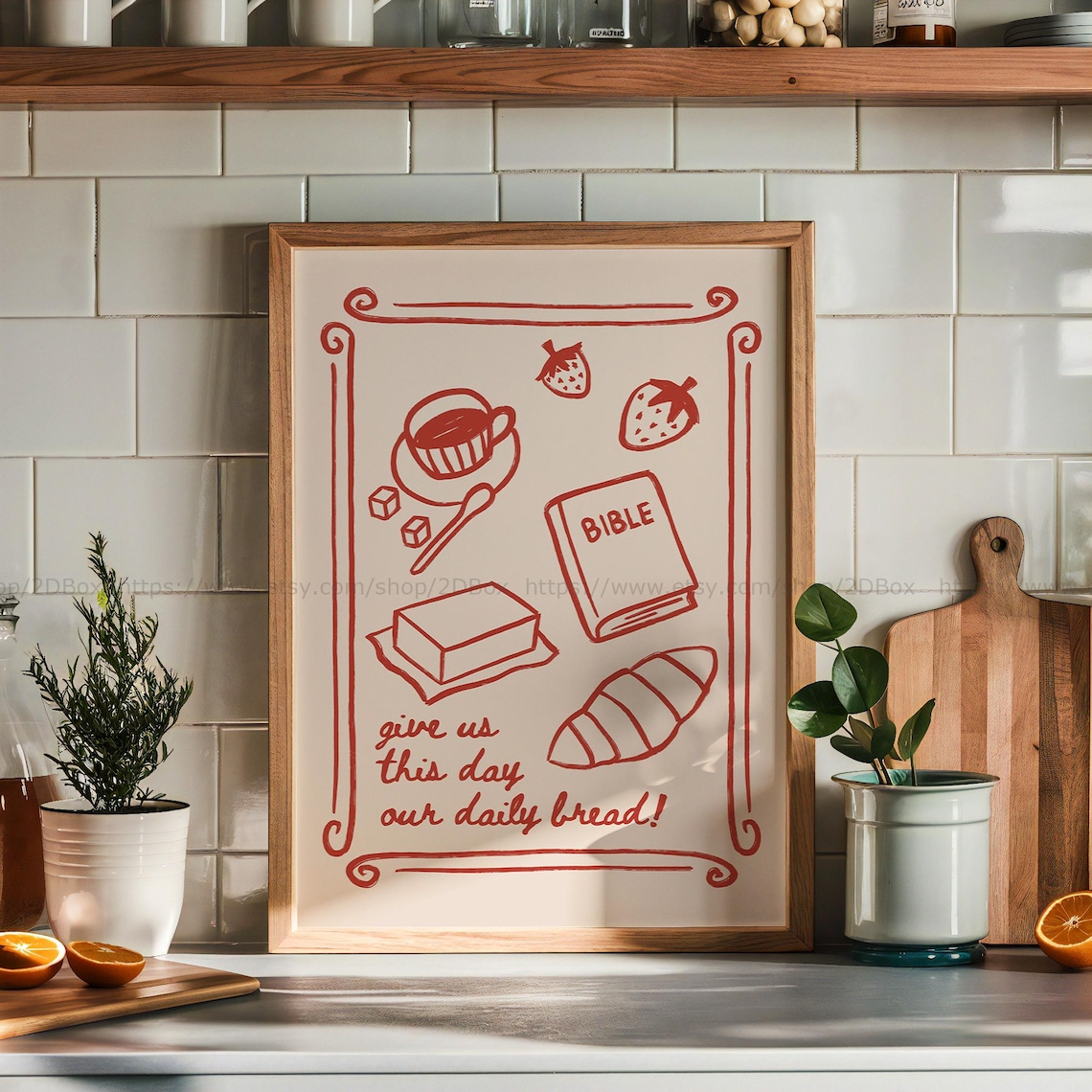 Christian Kitchen Print Give Us This Day Our Daily Bread Red Line Art ...