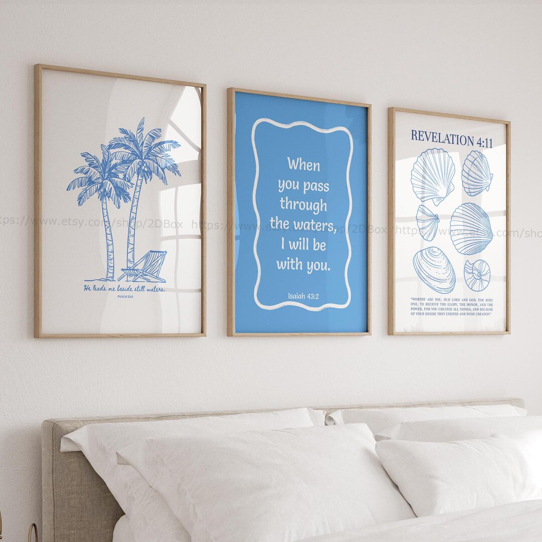 Blue Christian Posters Set of 3 Beach Theme Christian Decor Minimalist ...