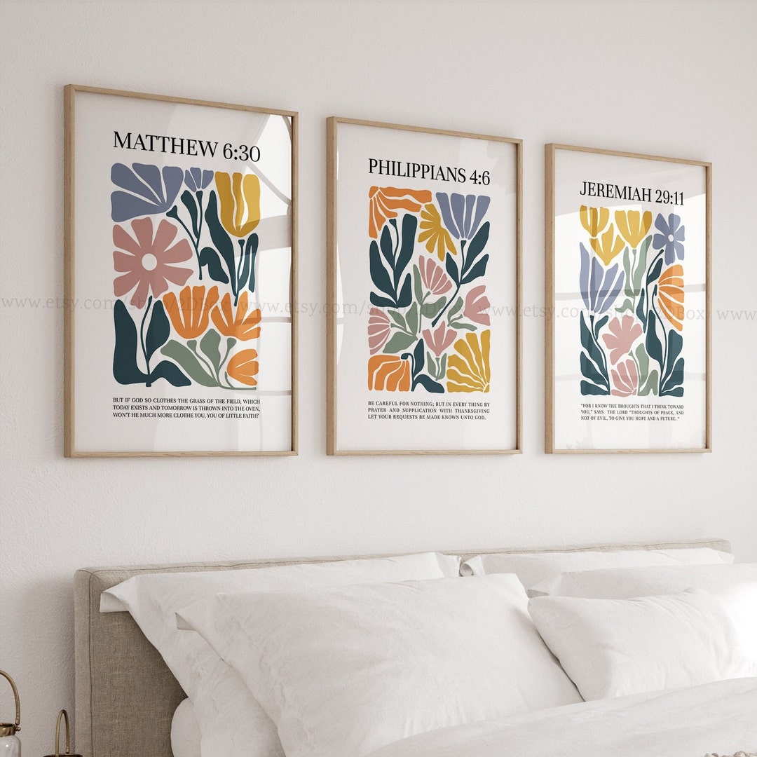 Christian Boho Abstract Flower Print Set of 3 Bible Verse Floral Prints ...