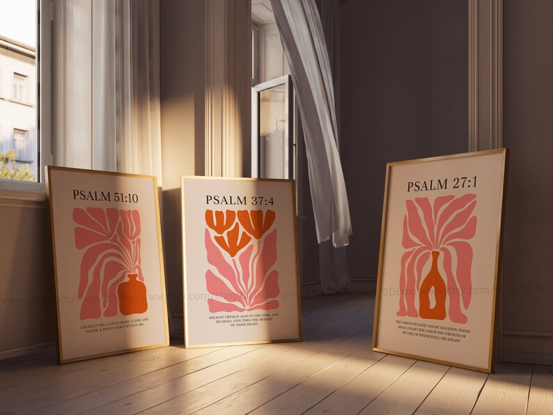 Set of 3 Colorful Christian Prints Psalms Collection, Orange and Pink ...