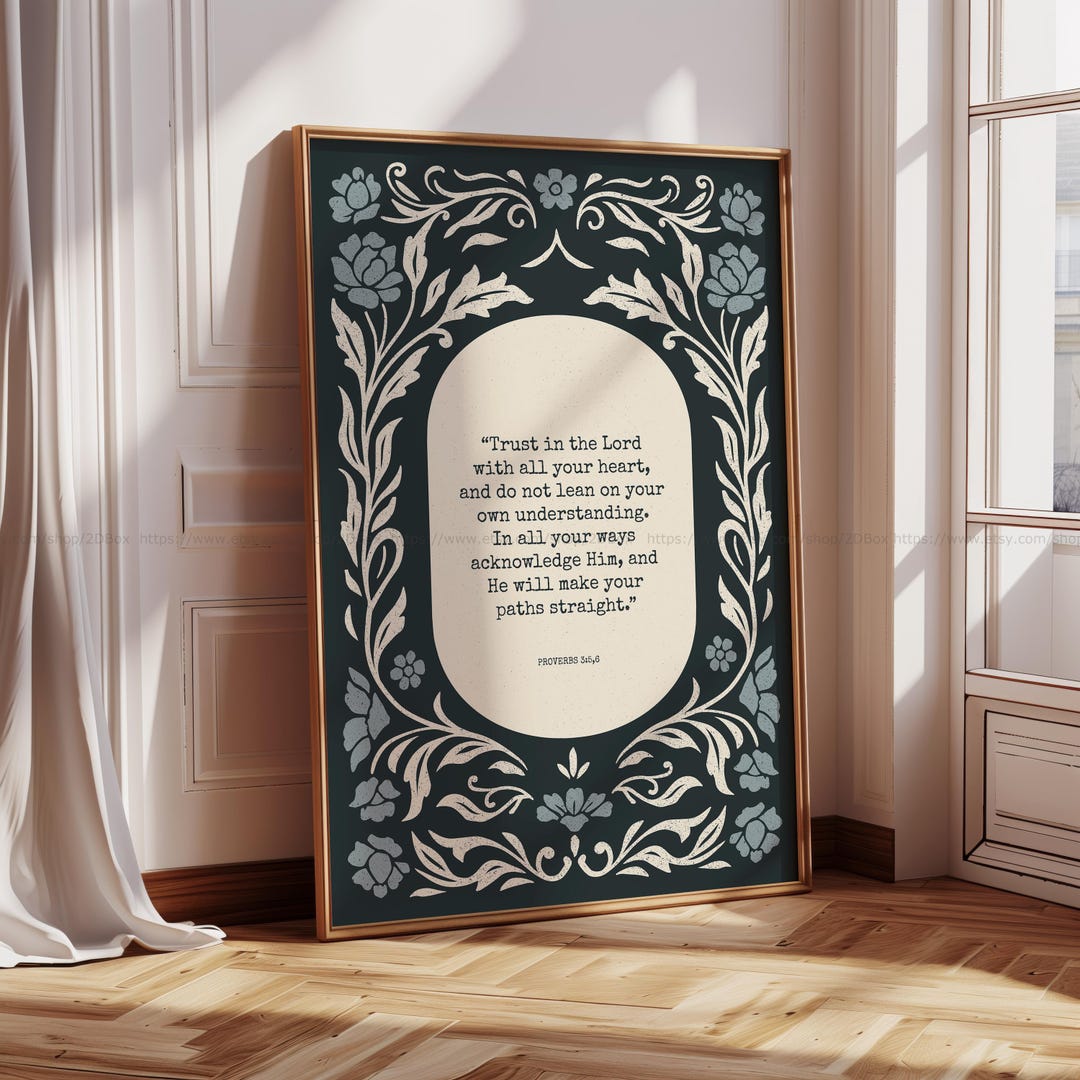 Proverbs 3:5-6 Bible Verse Wall Art Folk Floral Dark Wall Art Christian ...
