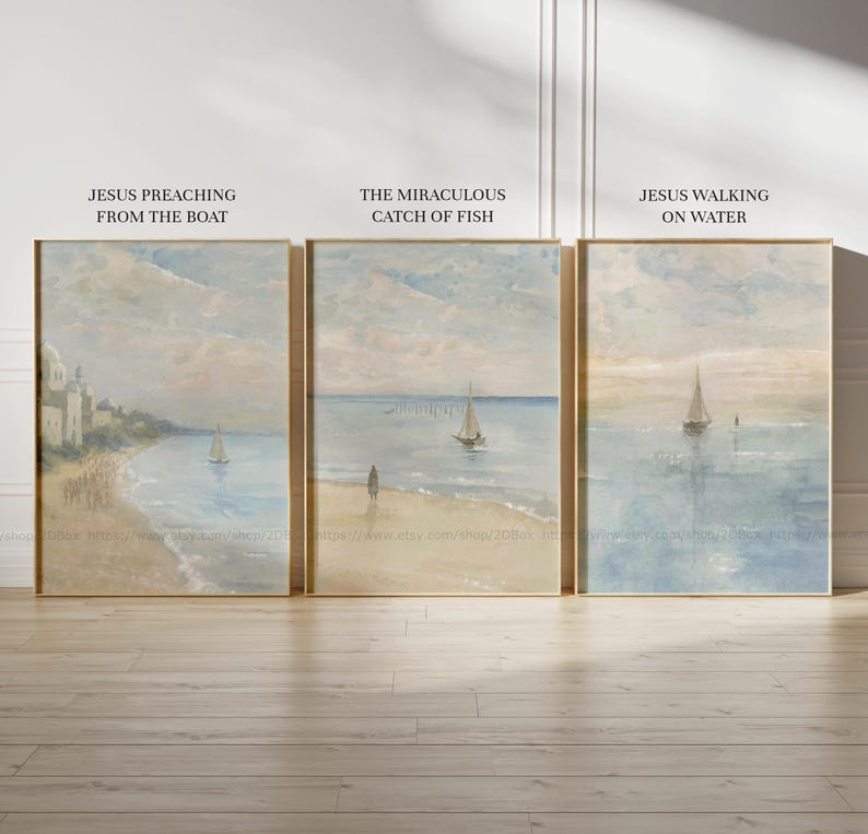 Jesus Walking on Water Wall Art Coastal Christian Print Blue Beige ...