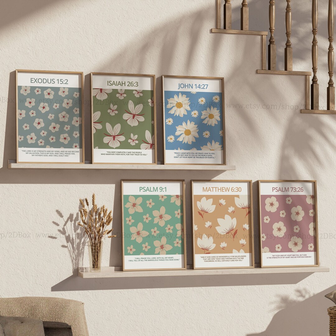 Christian Floral Pattern Decor, Modern Scripture Wall Art Set of 6 ...